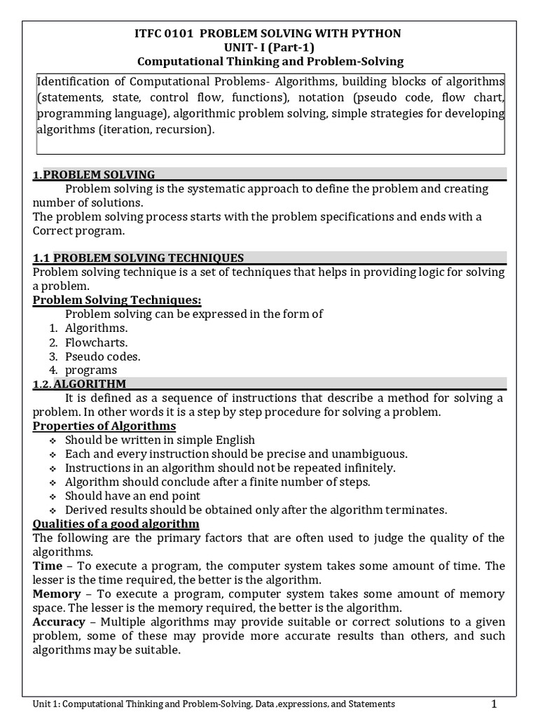 PSP Unit 1 (Part-1) | PDF | Algorithms | Computer Program