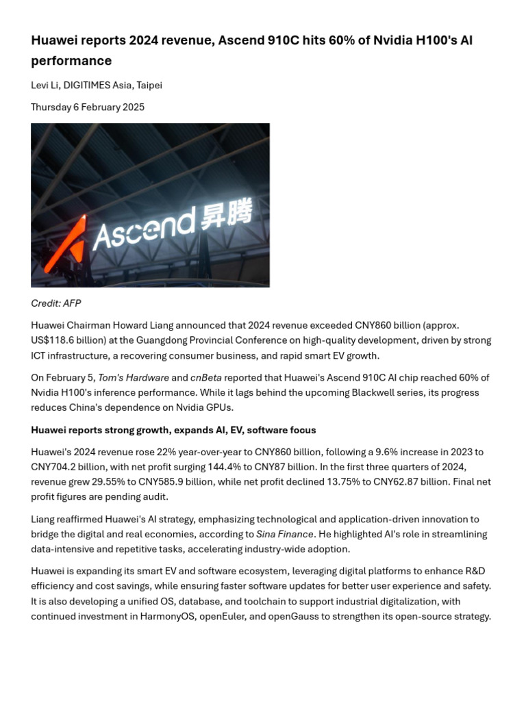 Huawei Reports 2024 Revenue, Ascend 910C Hits 60 - of Nvidia H100's AI Performance | PDF ...