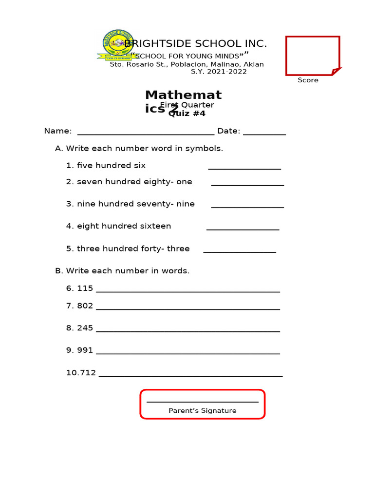 Brightside School Math Quiz 4 | PDF