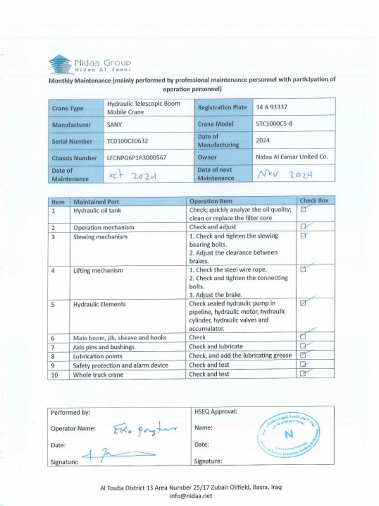 Monthly Maintenance Report - SANY - 100 Ton - 93337 | PDF