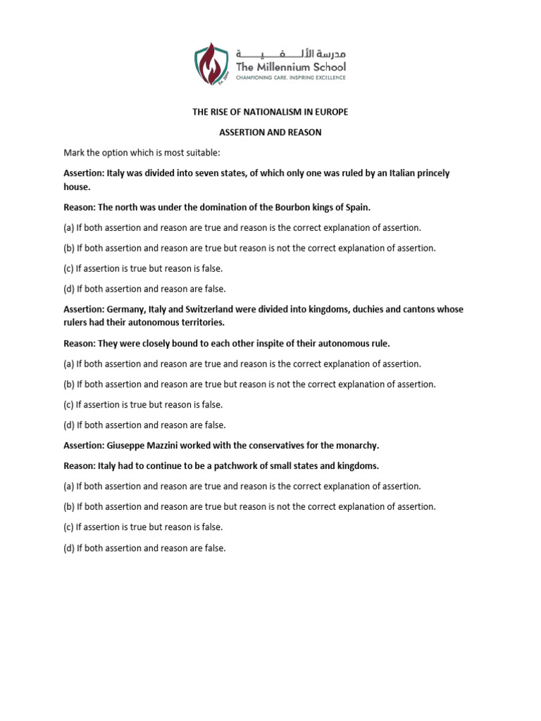 The Rise of Nationalism in Europe - Revision Worksheet2 - Assertion and ...