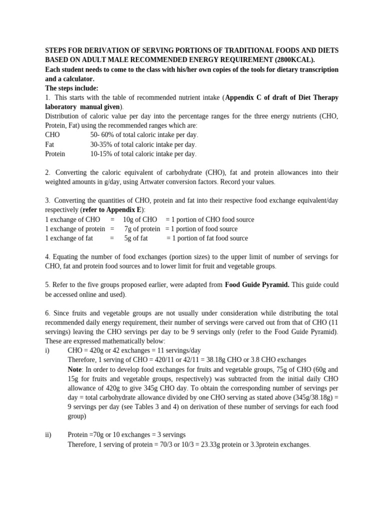 STEPS FOR DERIVATION OF SERVING PORTIONS OF TRADITIONAL FOODS AND DIETS ...