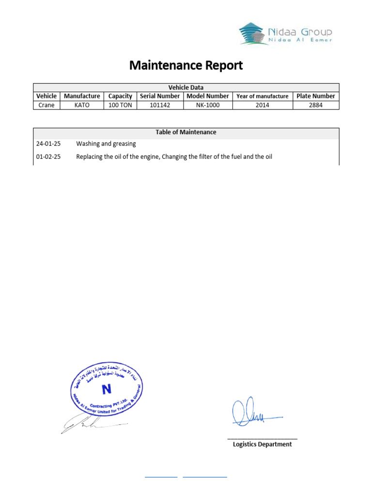Crane 100 2884_Maintenance report | PDF