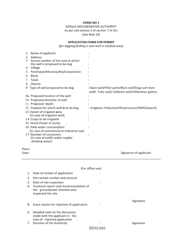 Kerala Well Drilling Permit Application | PDF | Hydraulic Engineering ...