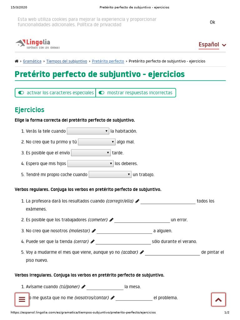 Ejercicios Pretérito Perfecto Subjuntivo | PDF | Verbo | Gramática