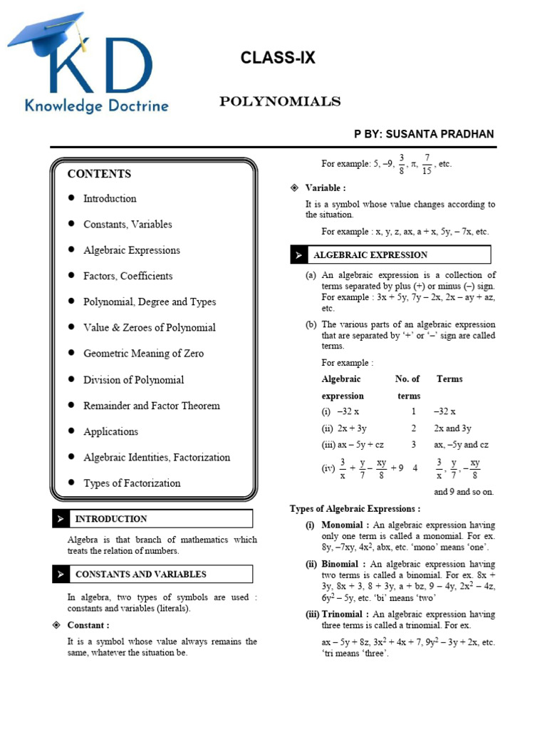 Class9 Polynomial Note KD | PDF | Quadratic Equation | Factorization