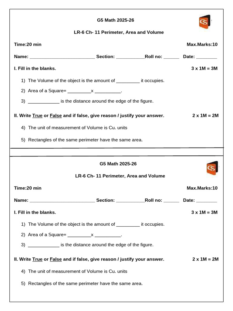 G5 LR-5 Ch-10 Measurement 2024-25 | PDF | Area | Volume