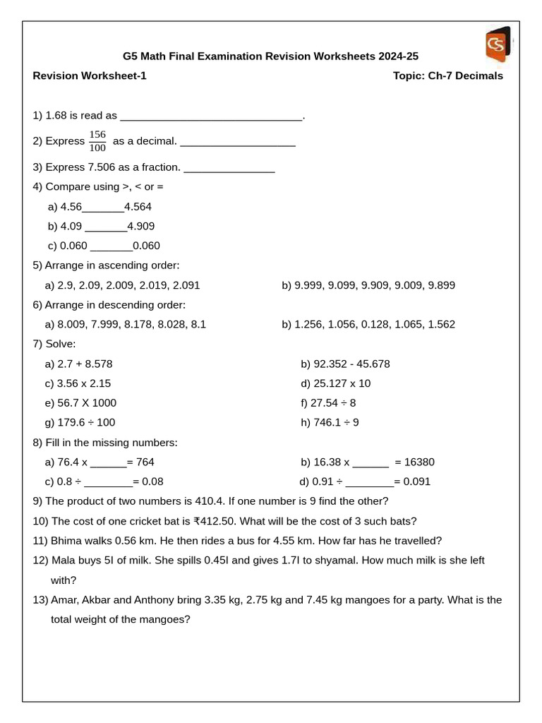 G5 Math Final Examination Revision Worksheets 24-25 Latest (2) | PDF ...