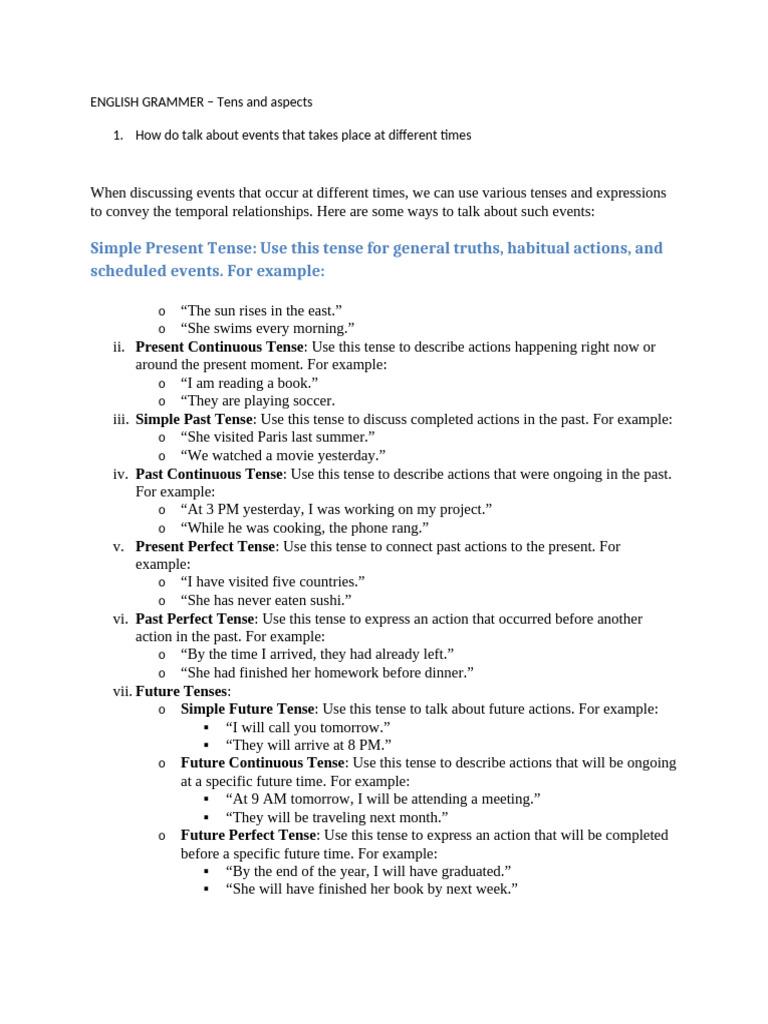 ENGLISH GRAMMER-aspects and tenses | PDF | Grammatical Tense | Perfect (Grammar)