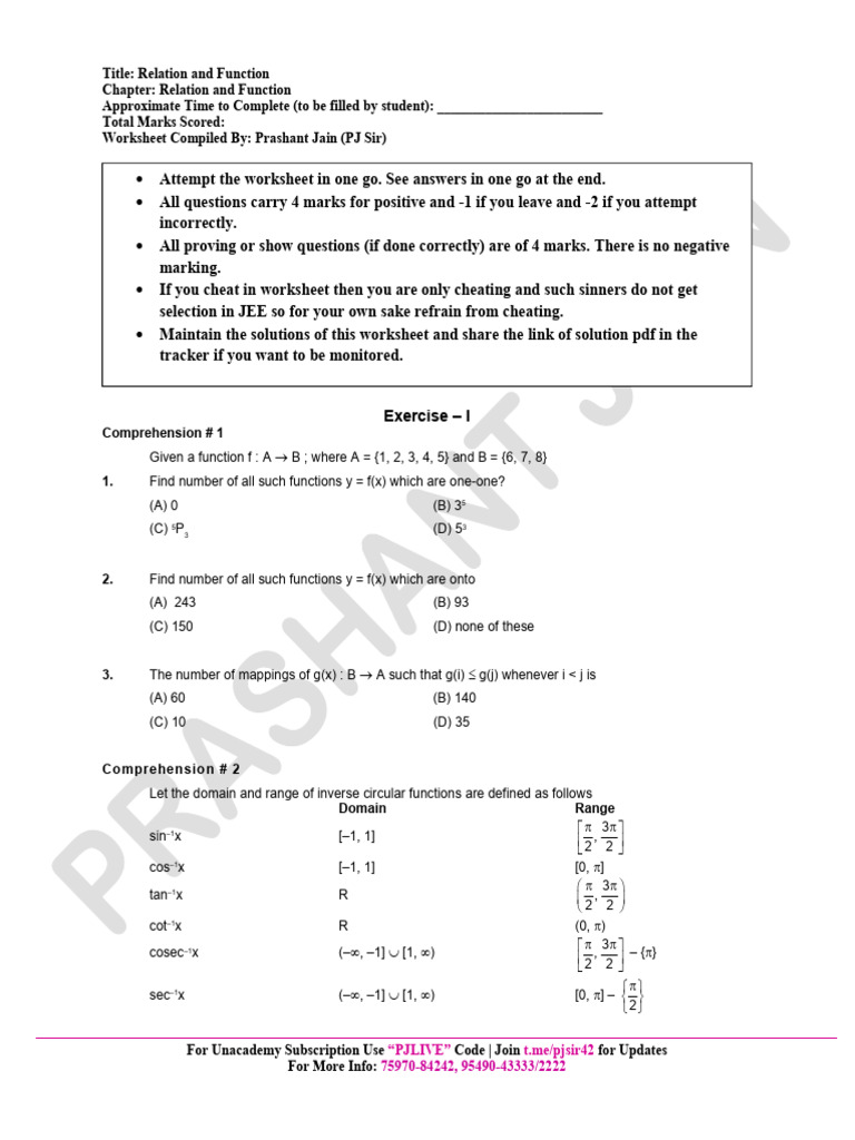 Worksheet-13 Relation and Function - Ex. 1comprehension 1737384066956 | PDF
