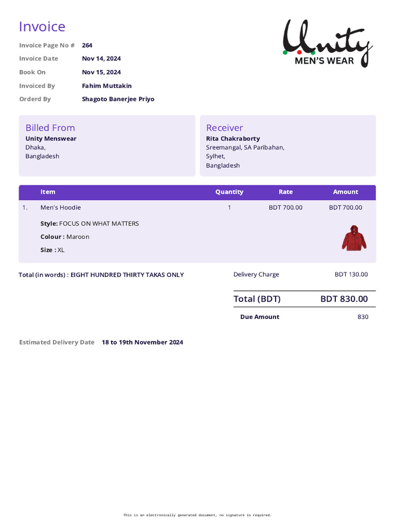 Invoice 264 Unity Menswear Rita Chakraborty | PDF