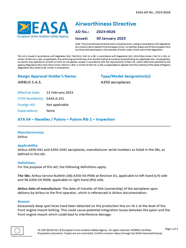 Ata - 54 - Easa - Ad - 2023-0026 - 1 | PDF | Aviation