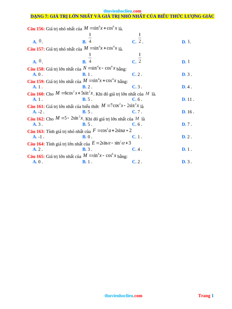 Toan 11 Dang 7 GIA TRI LON NHAT VA GIA TRI NHO NHAT CUA BIEU THUC LUONG GIAC | PDF