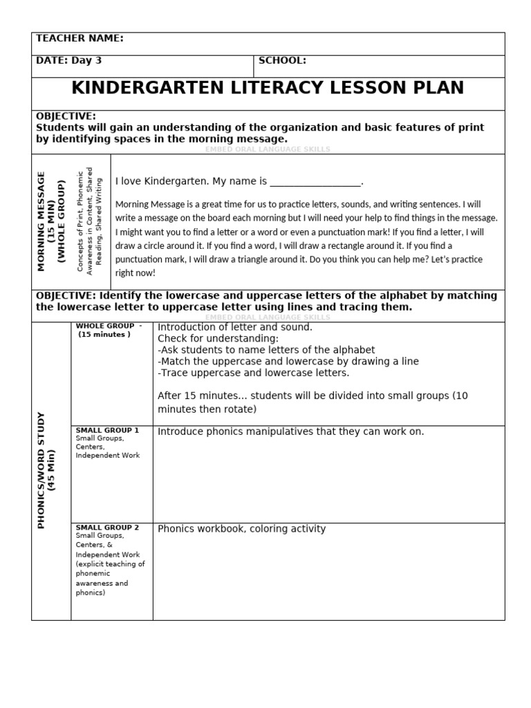 Kindergarten Lesson Plan Common Core | PDF | Phonics | Communication