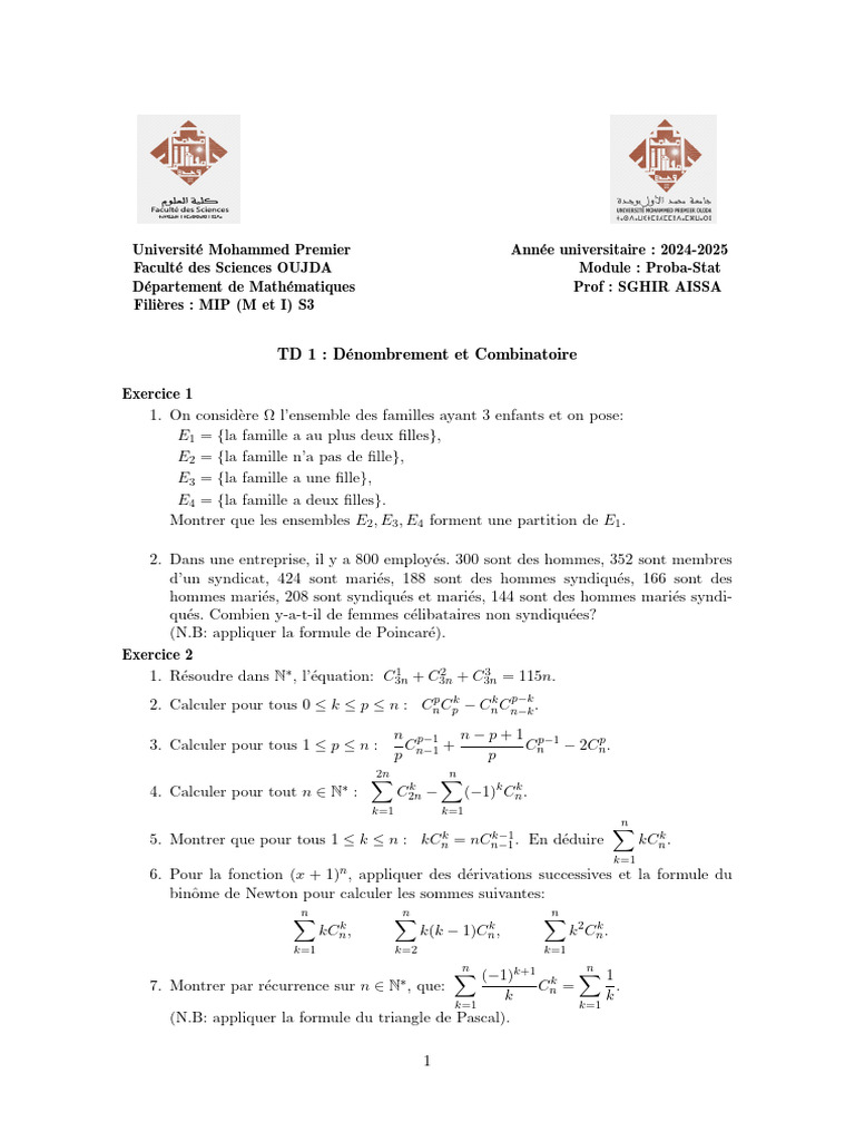 TD de Proba-Stat : Dénombrement et Combinatoire | PDF | Mathématiques | Combinatoire