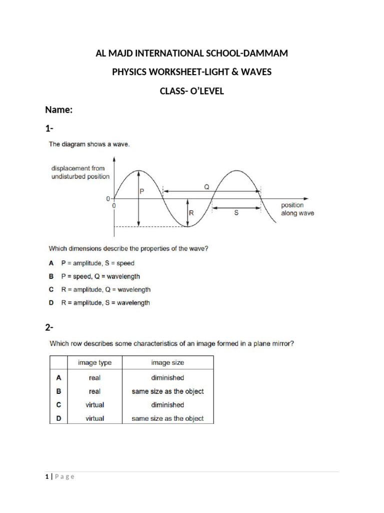 O Level Light and Wave Worksheet | PDF