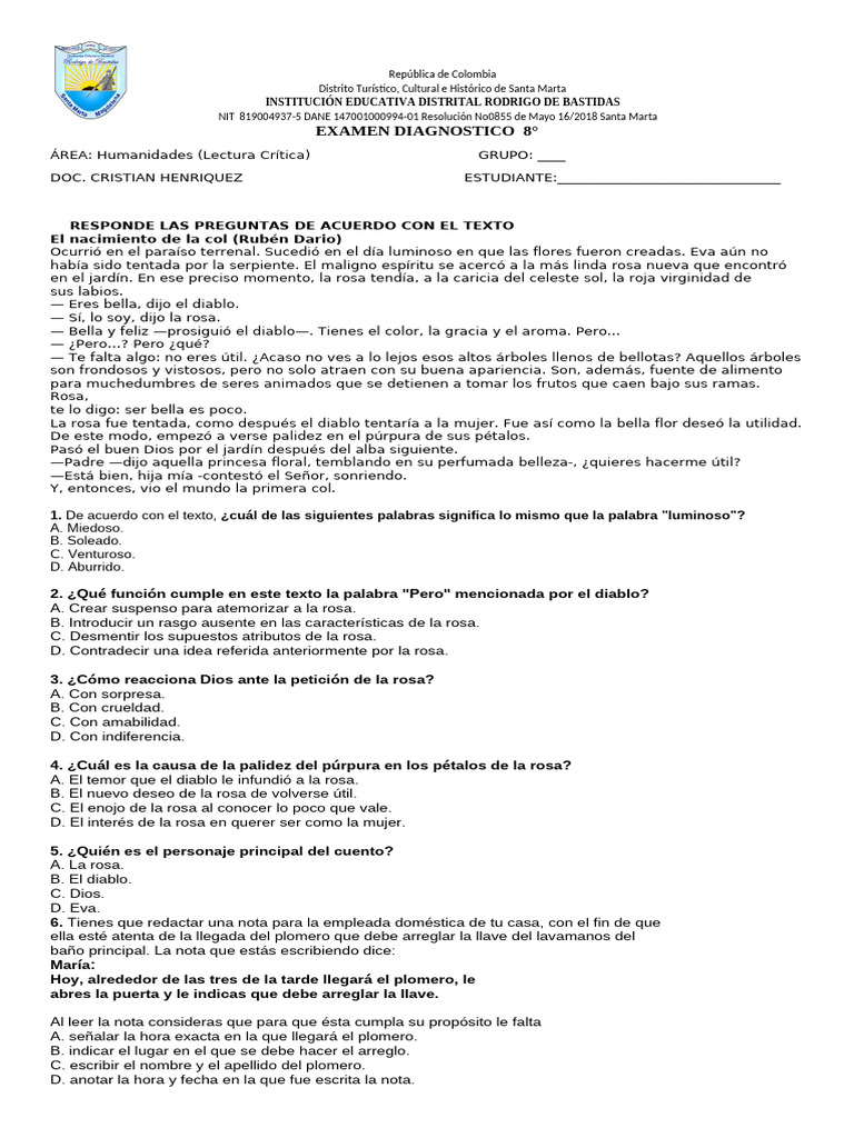 Examen Diagnóstico 8° Humanidades | PDF | Rosa
