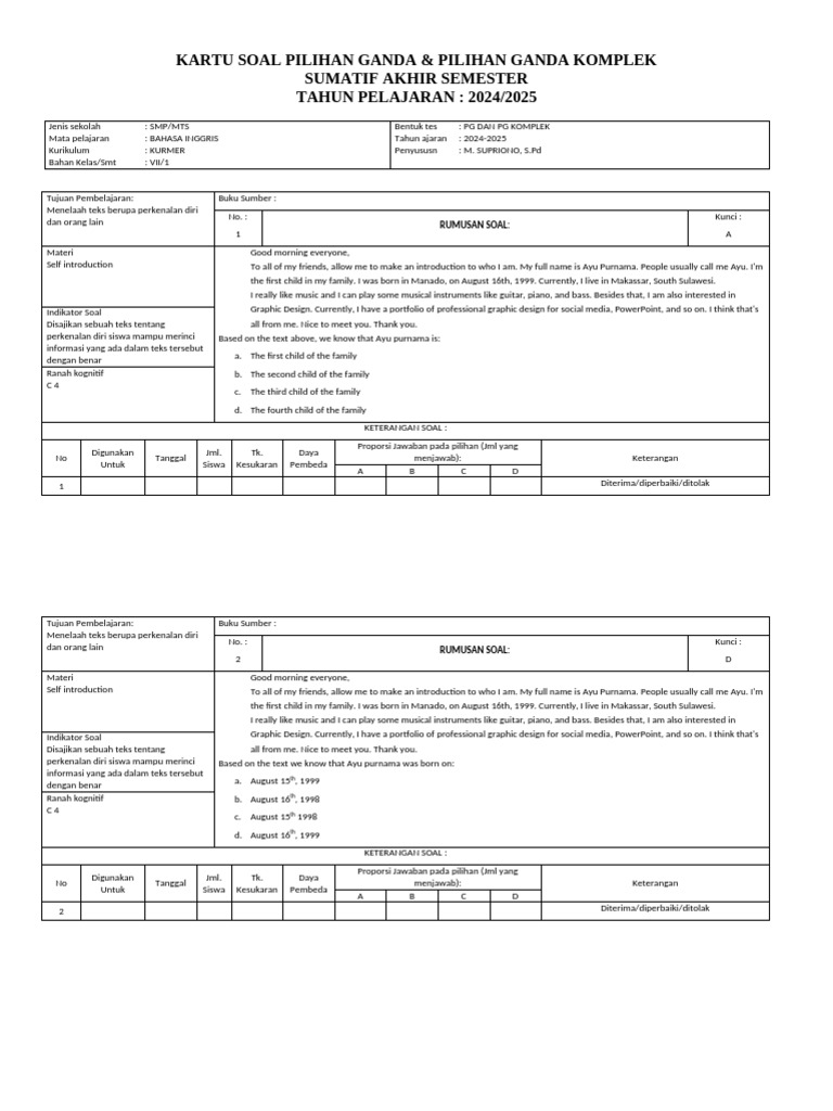 KARTU SOAL PG & PGK SAS | PDF | Meal | Sleep