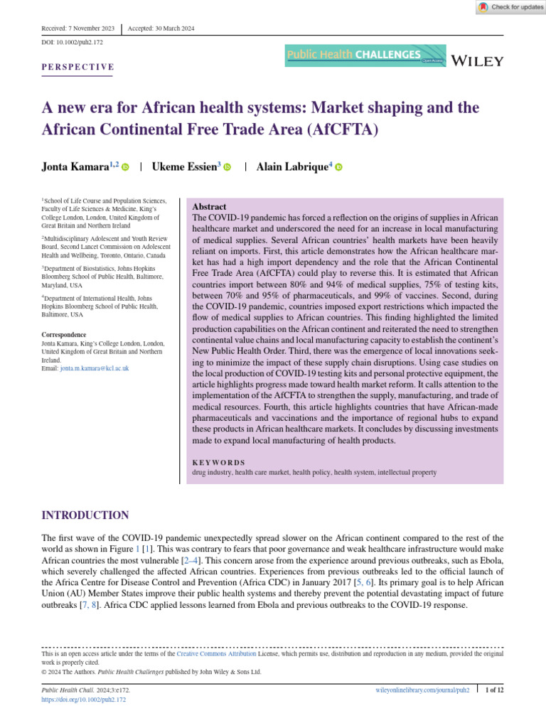 Public Health Challenges - 2024 - Kamara - A New Era For African Health ...