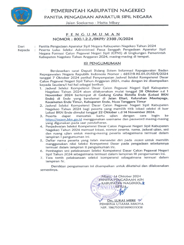 Pengumuman Penjadwalan SKD CPNS Nagekeo 2024 | PDF Pengumuman Penjadwalan SKD CPNS Nagekeo 2024 | PDF