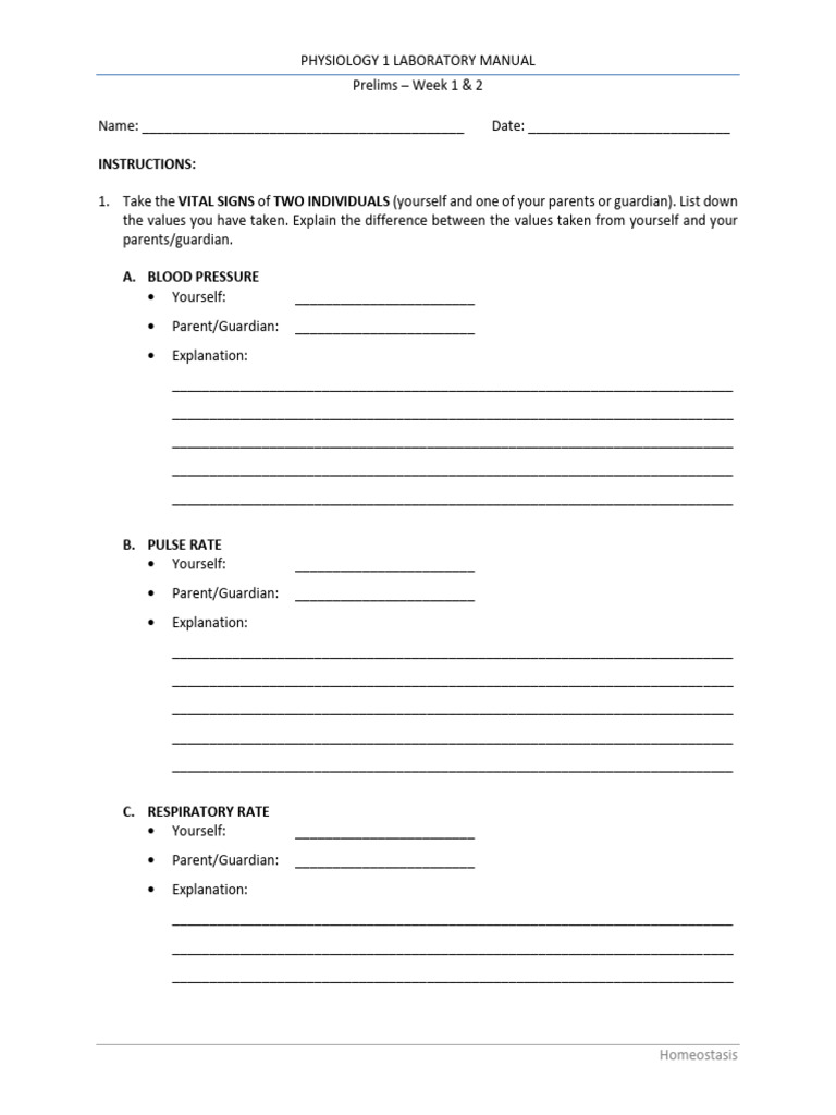 Homeostasis Vital Signs Lab Manual | PDF | Homeostasis | Physiology