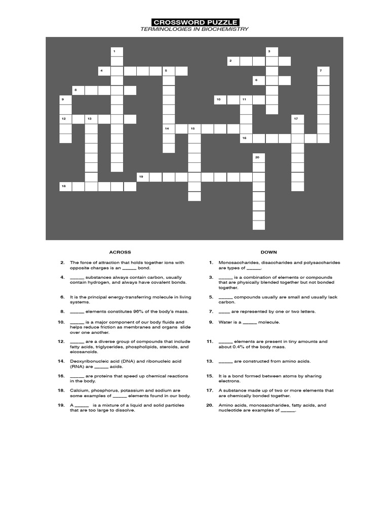 Biochemistry Crossword Puzzle Terms | PDF | Chemical Compounds | Acid