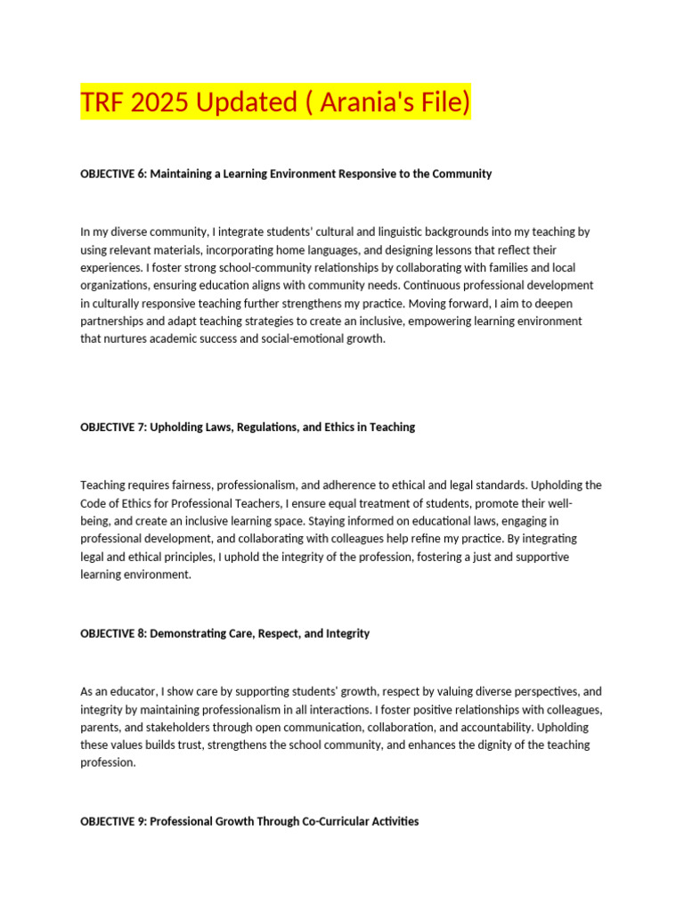 TRF 2025: Arania's Teaching Objectives | PDF