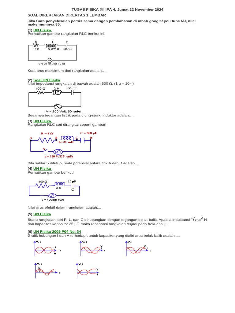 Soal RLC Seri Listrik Arus Bolak | PDF