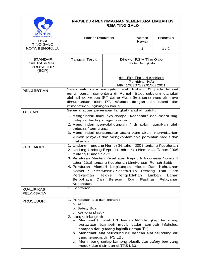 SOP PROSEDUR PENYIMPANAN SEMENTARA LIMBAH B3 RSIATG | PDF