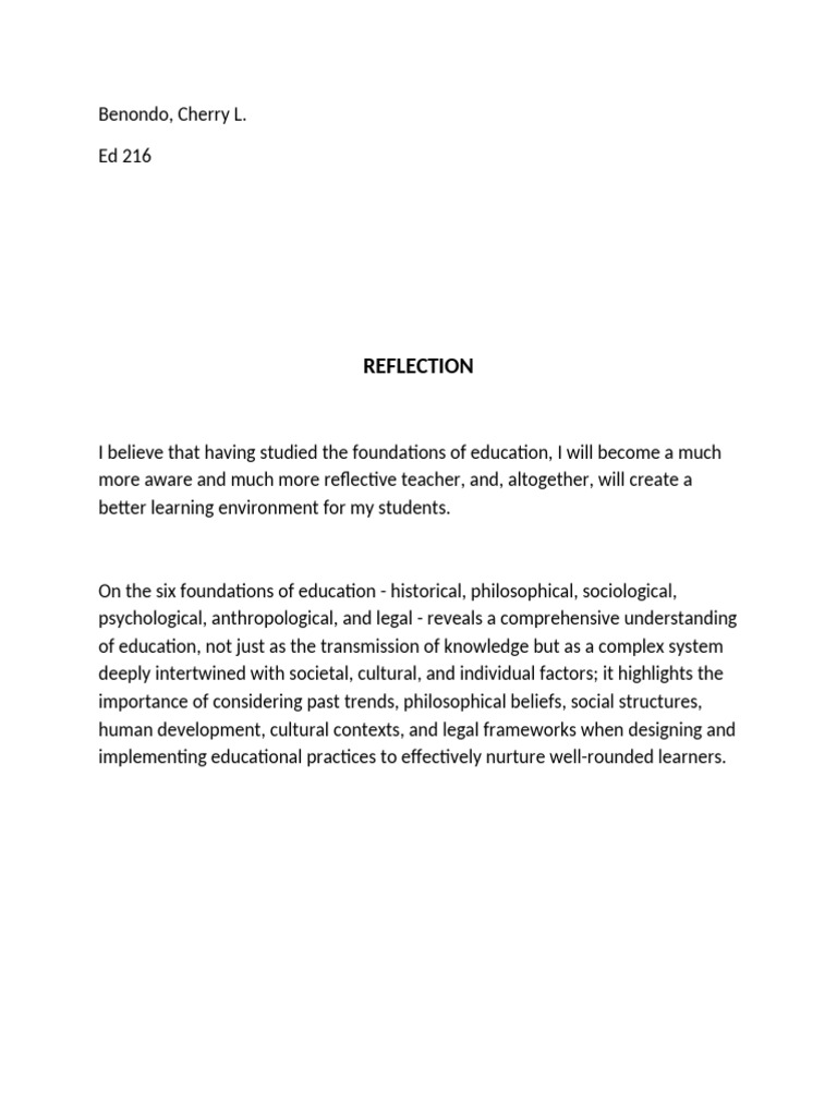 Foundations of Education Reflection | PDF