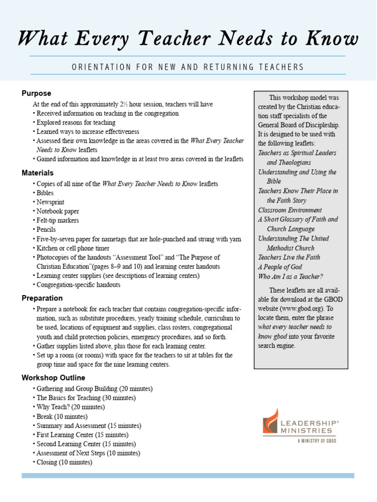 Essential Workshop for New Teachers | PDF | United Methodist Church ...