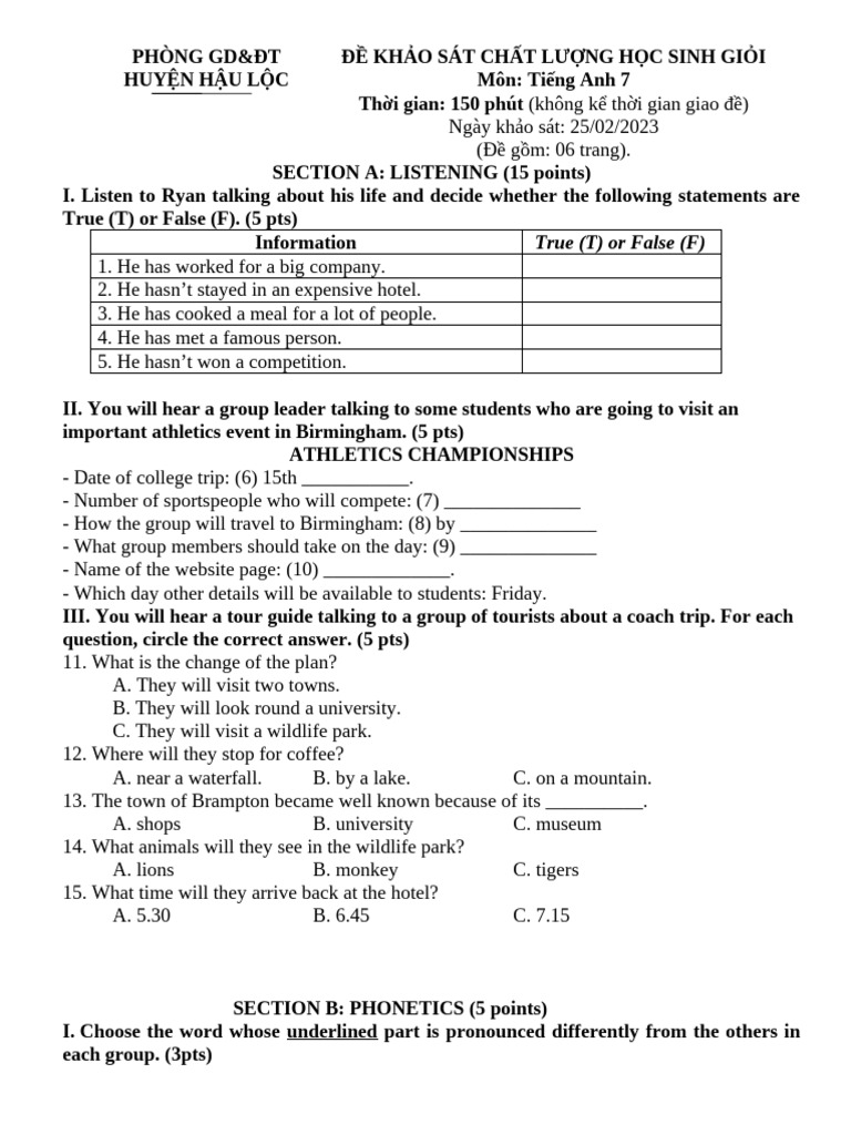 Đề Luyện Tiếng Anh hsg 7 | PDF | Cost Of Living | Pet