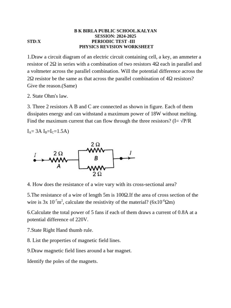 STD X PT-3 Physics Revision Worksheet-2024 | PDF