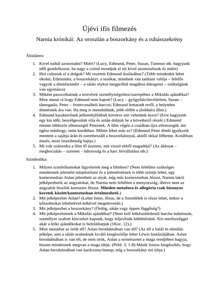 Narnia Filmnézés Szempontok | PDF