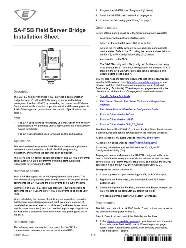 Kidde - 3102662 en R001 Sa FSB Field Server Bridge Installation Sheet | PDF | Ip Address ...