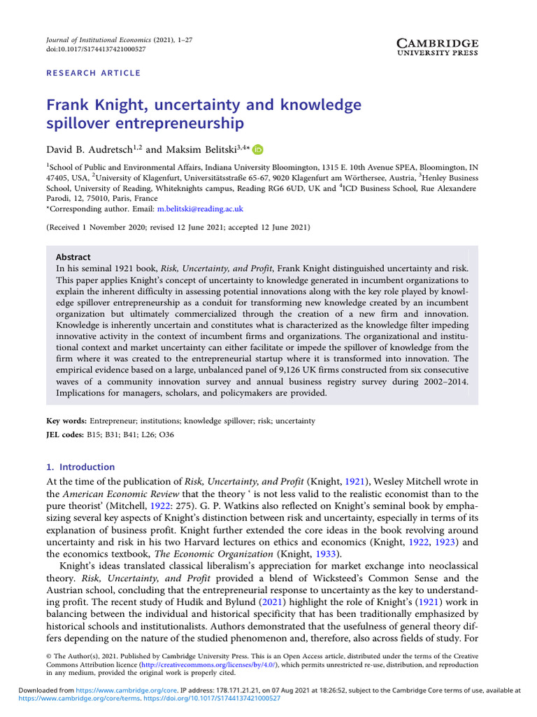 Frank Knight Uncertainty and Knowledge Spillover e | PDF ...