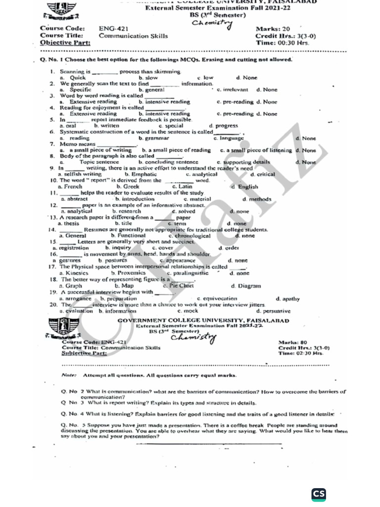 Communication Skills Past Papers #Hafiz 03485970528 | PDF