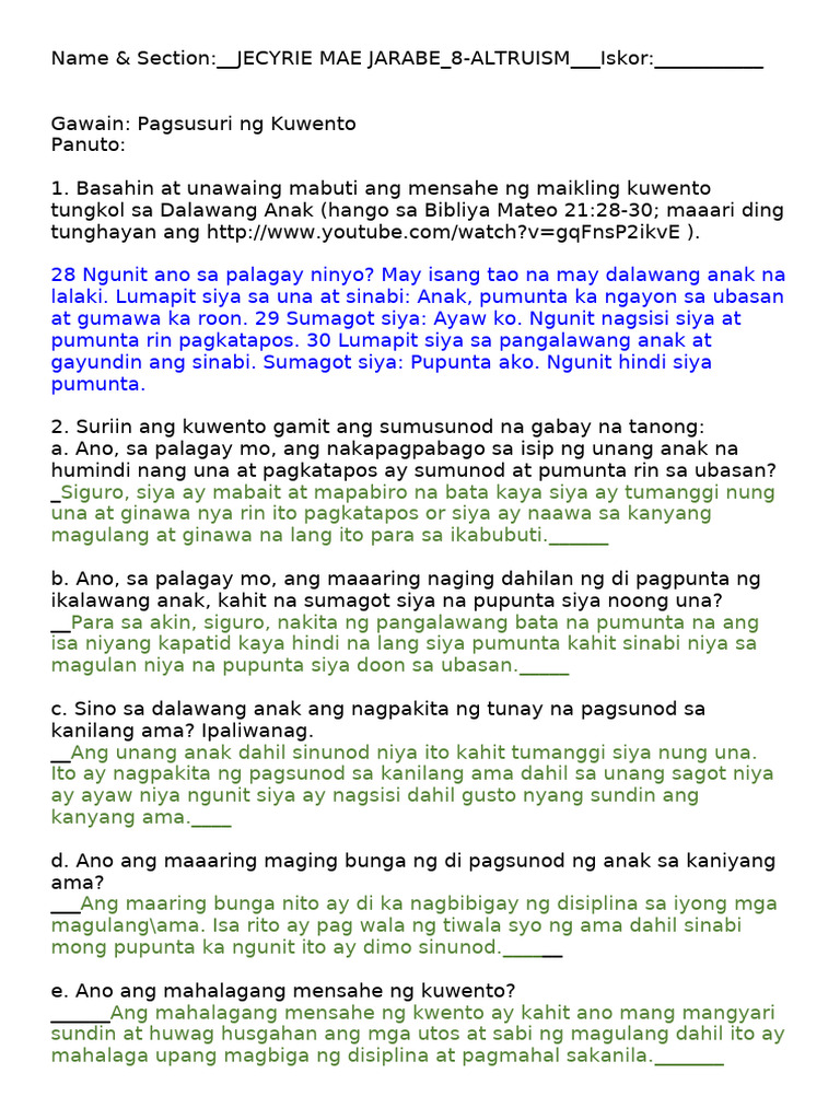 Gawain 2-Paggalang Sa Magulang | PDF