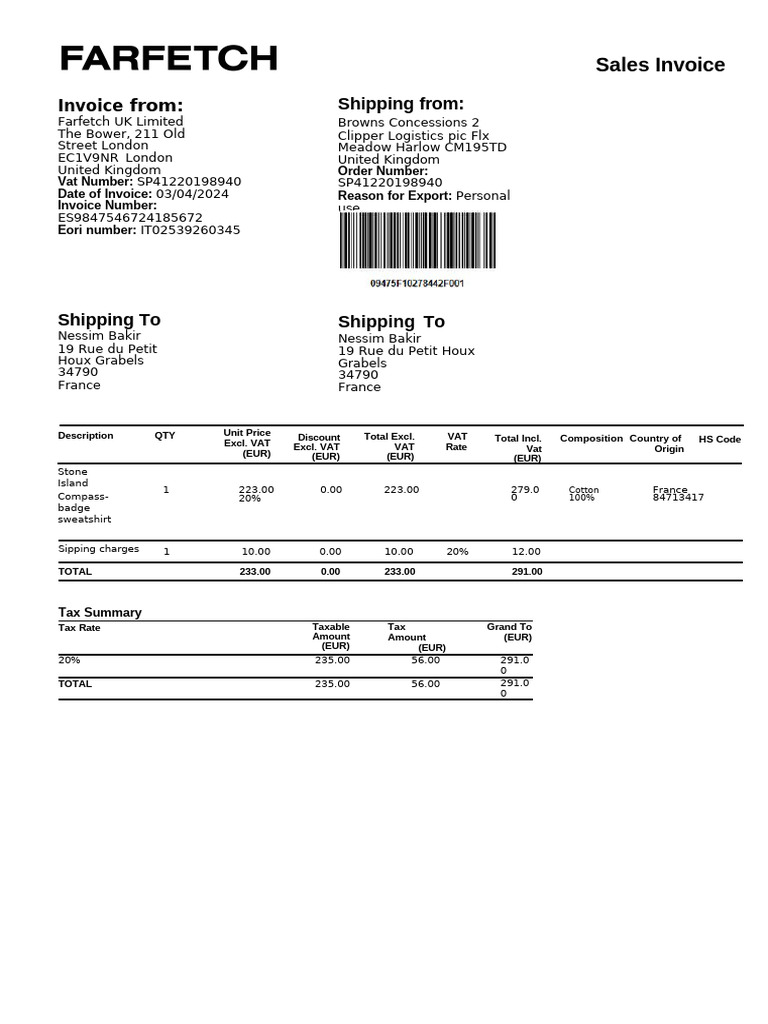 Fatura Farfetch | PDF