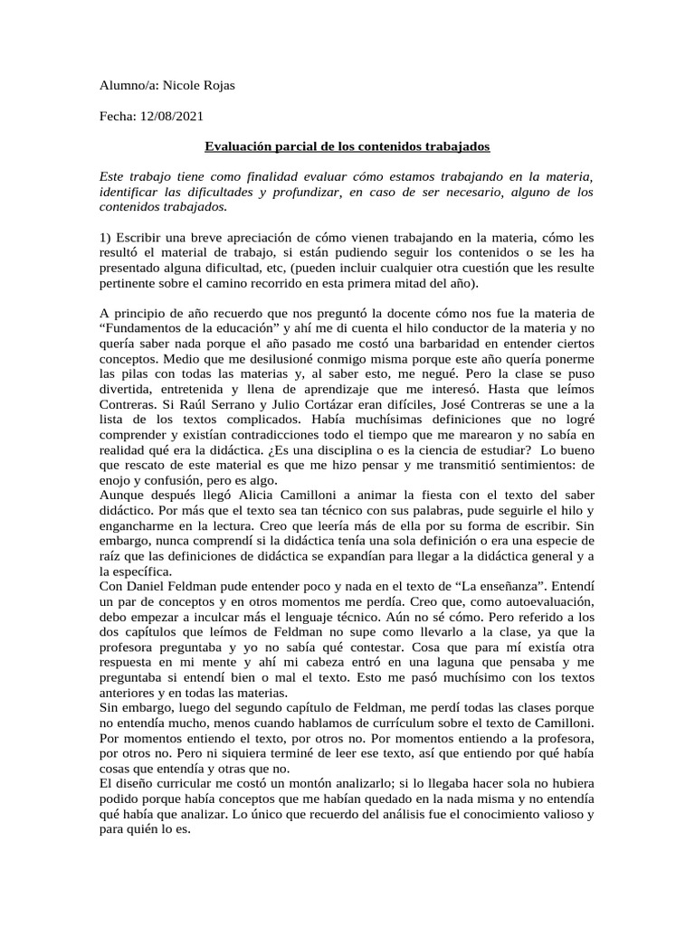 Parcial Primer Cuatrimestre-Nicole Rojas | PDF | Plan de estudios | Enseñando