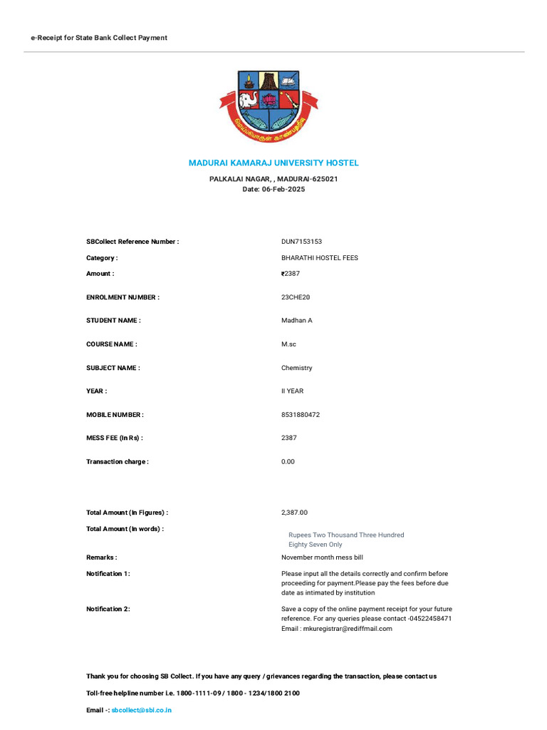 November Month Mess Bill 2024 | PDF | Payments | Money