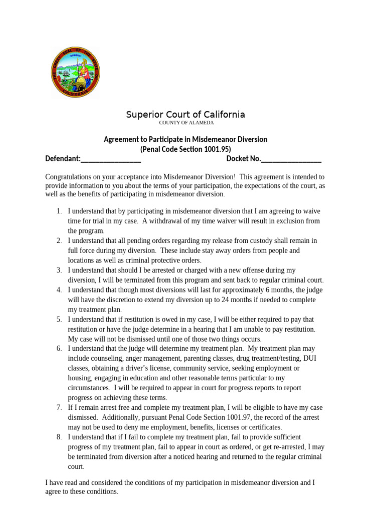 Agreement To Participate in Misdemeanor Diversion | PDF | Arrest ...