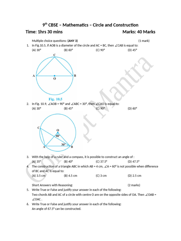 CBSE 9th Math: Circle & Construction Guide | PDF | Circle | Angle