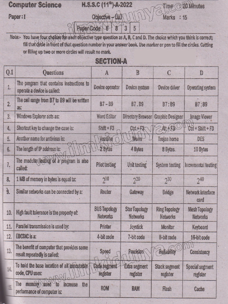 Past Paper 2022 Sahiwal Board Inter Part I Computer Science Objective ...