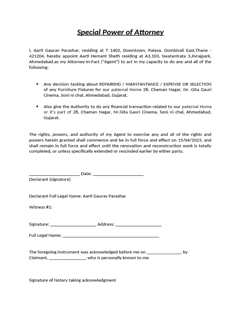 Special Power of Attorney Document | PDF