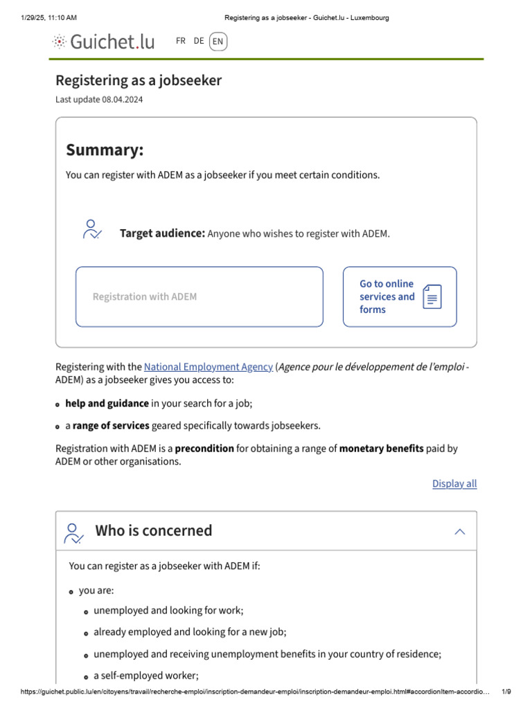 Registering As A Jobseeker - Guichet - Lu - Luxembourg | PDF