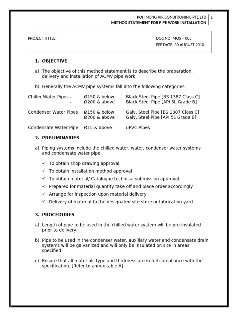 Method Statement for Pipe Installation | PDF | Pipe (Fluid Conveyance ...