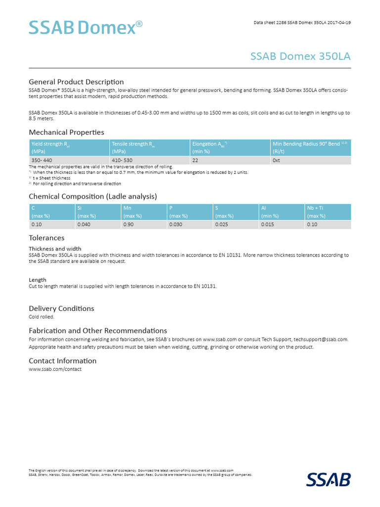 SSAB Domex 350LA | PDF | Mechanical Engineering | Materials