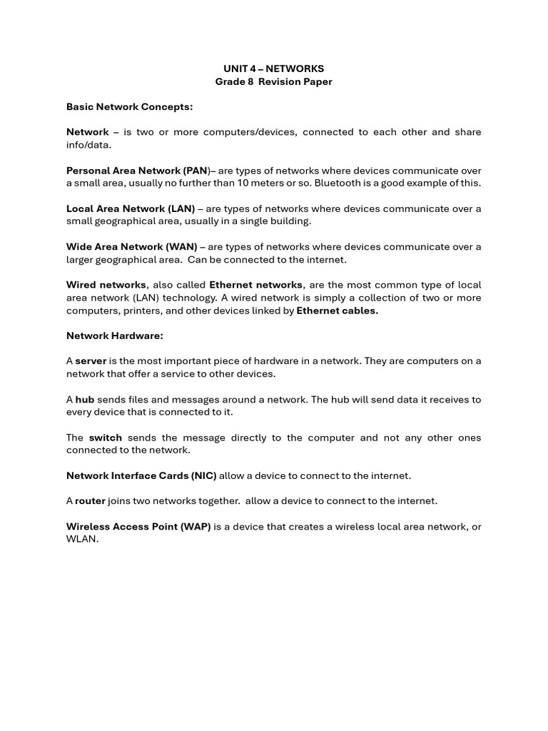 Unit 4 - Grade 8 - Revision Paper | PDF | Computer Network | Wireless Lan