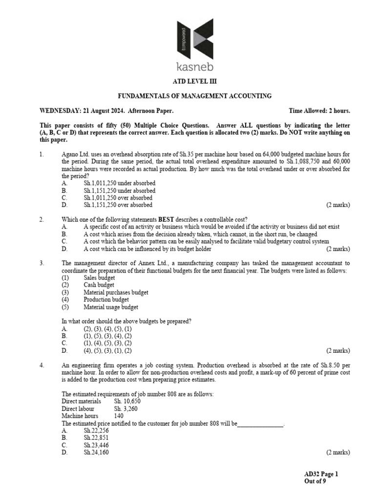Fundamentals of Management Accounting Past Papers | PDF | Inventory ...